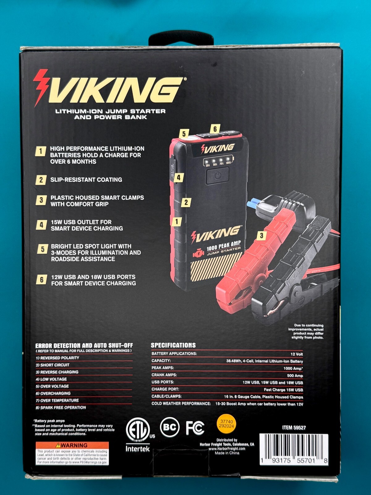 OPEN BOX VIKING LITHIUM-ION JUMP STARTER 59527 1000 PEAK AMP JUMPER KIT ...