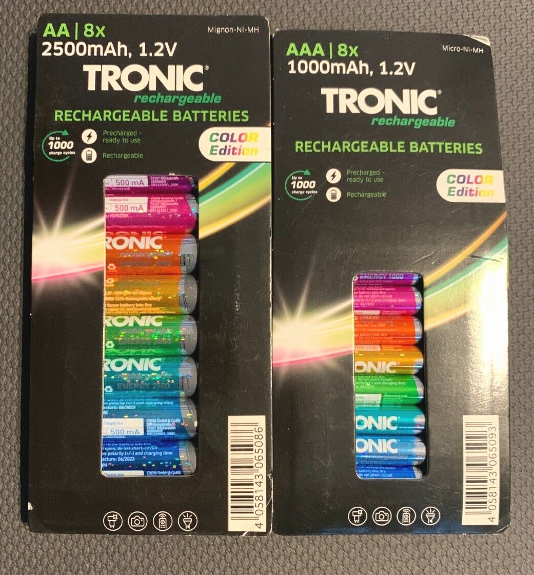 NEW TRONIC Rechargeable 8 Batteries Colour Edition AA AAA 1.2v 2500 ...
