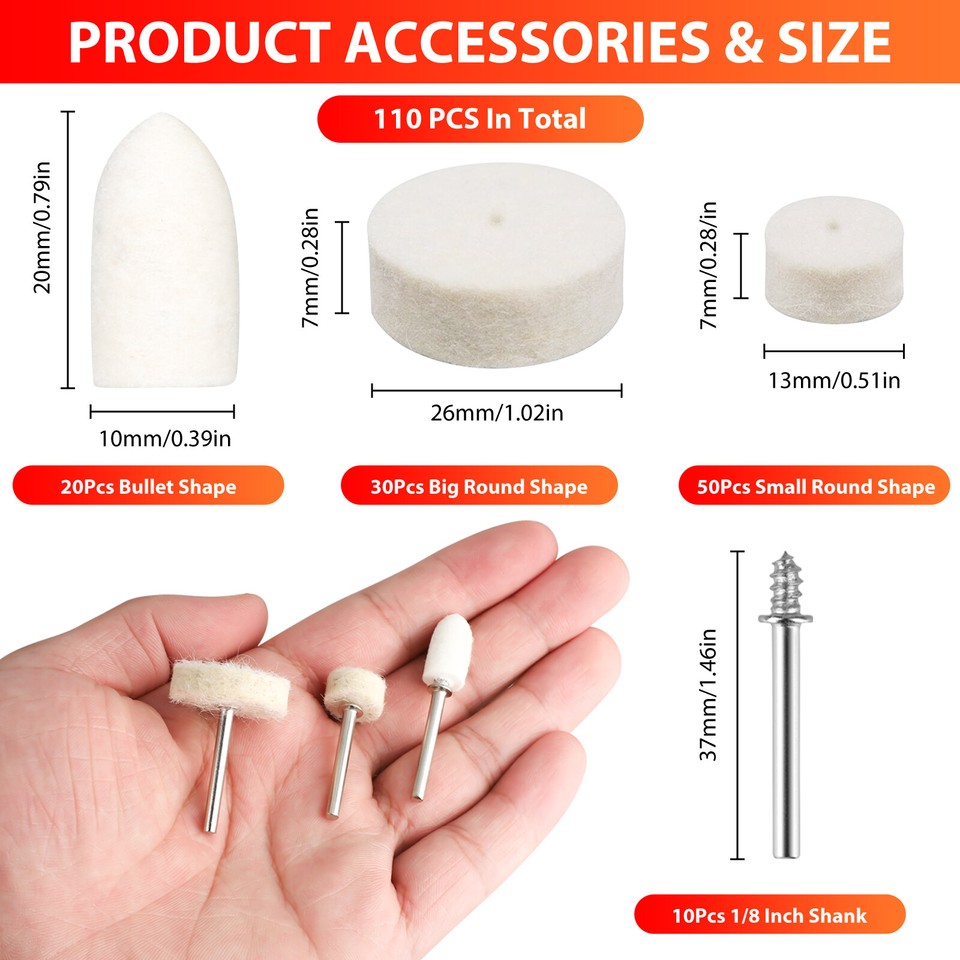 110Pcs Wool Felt Polishing Buffing Pads Waxing Head Wheel for Dremel ...