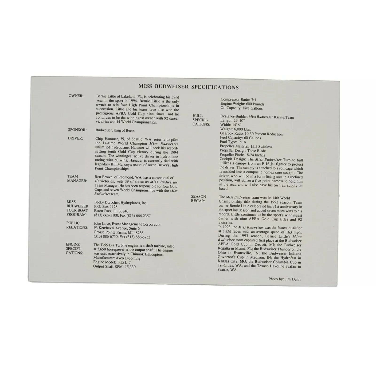 Miss Budweiser Hydroplane Racing Hanauer, Bernie Little Print 1993 ...