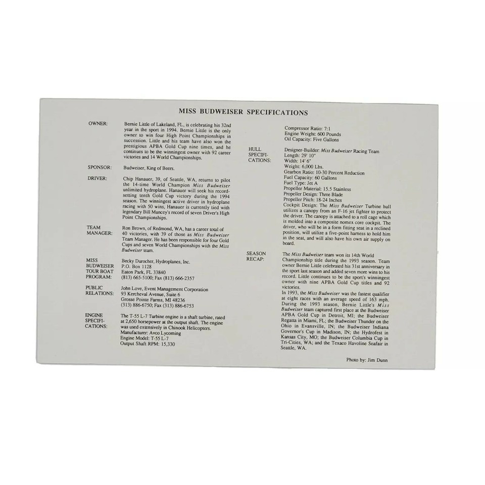 Miss Budweiser Hydroplane Racing Hanauer, Bernie Little Print 1993 ...