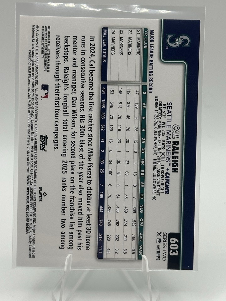 2025 Topps Series 2 - Cal Raleigh - On-Card Auto - Seattle Mariners ...