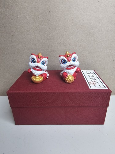 Chinese Fu Lion Guardian Dogs Figurines Pair Red Gold Statues Wealth ...