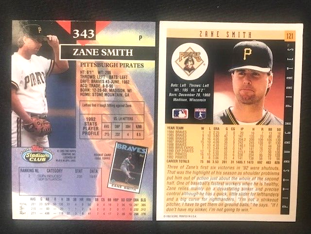 MLB - Zane Smith 1993 Topps Stadium Club & 1993 Score Baseball ...