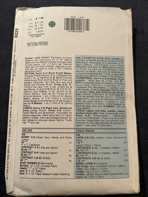 Butterick 6029 Luv N Stuff Uncut Sewing Pattern Bunny Hide Away 15 Inch ...