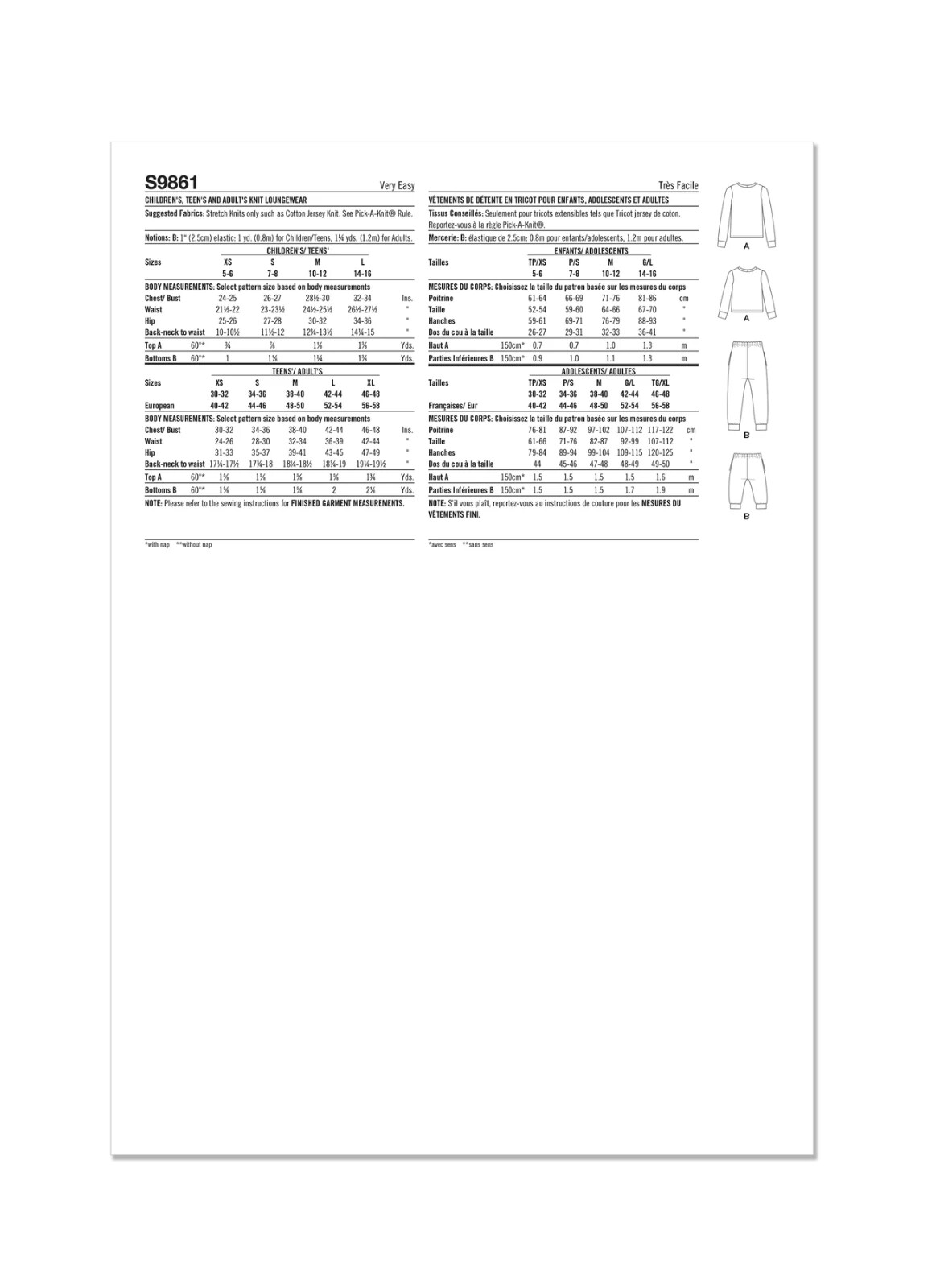 SIMPLICITY 9861 CHILD TEEN ADULT KNIT LOUNGE WEAR Pattern Size XS-L ...
