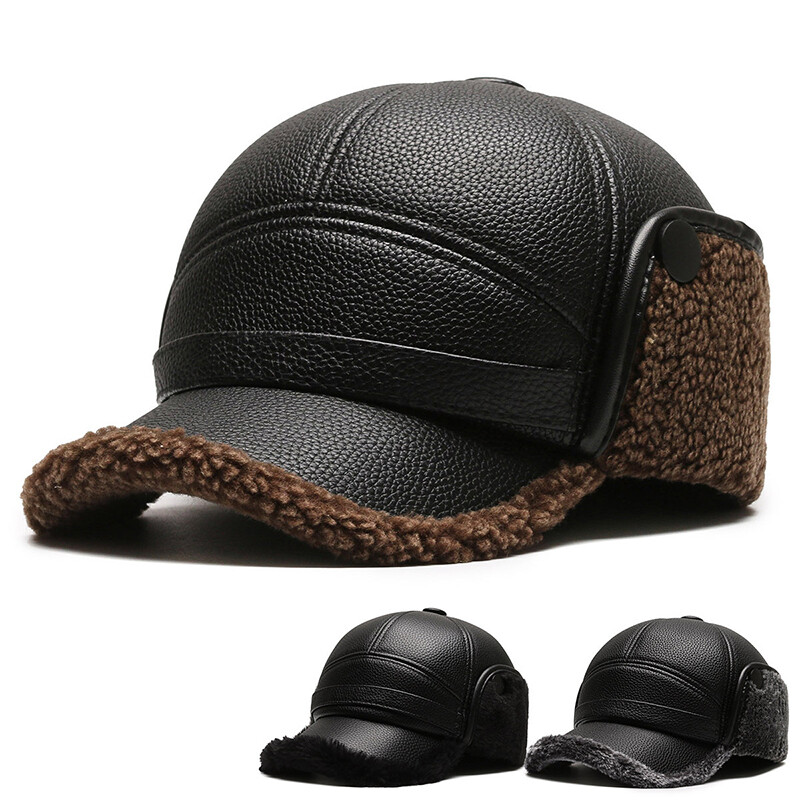 Men Baseball Caps With Ear flaps Cotton PU Warm Fall Winter Thick Hats ...