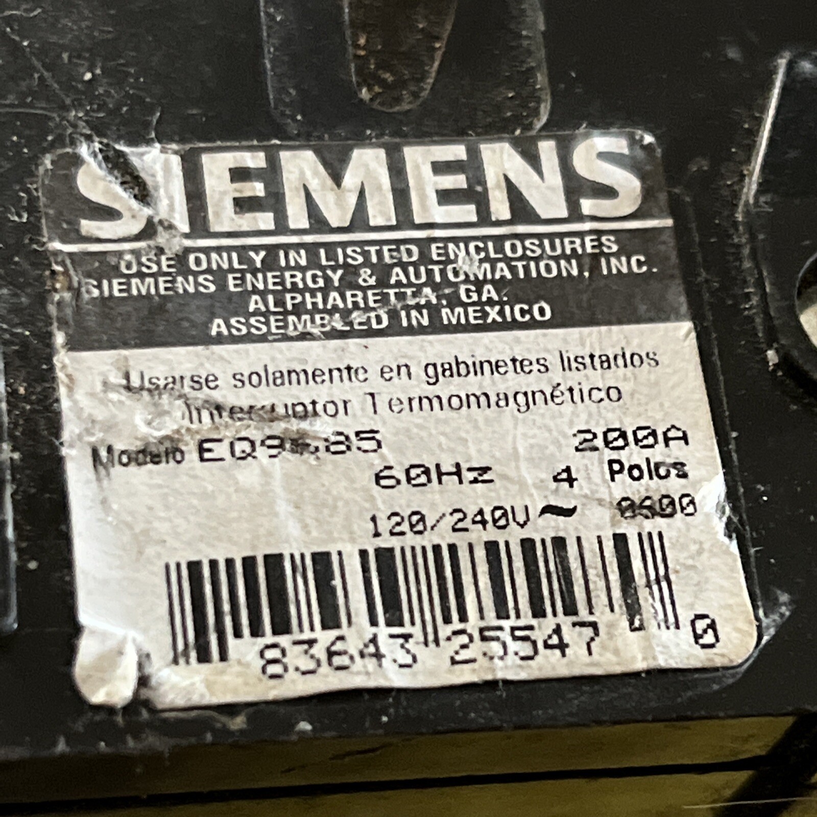 Used Genuine Siemens EQ9685 4 Pole 200 Amp Circuit Breaker 60Hz 120 ...