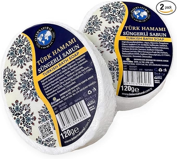 Turkish Bath Hammam Soap (2x120 gr) with Exfoliating Sponge Hammam ...