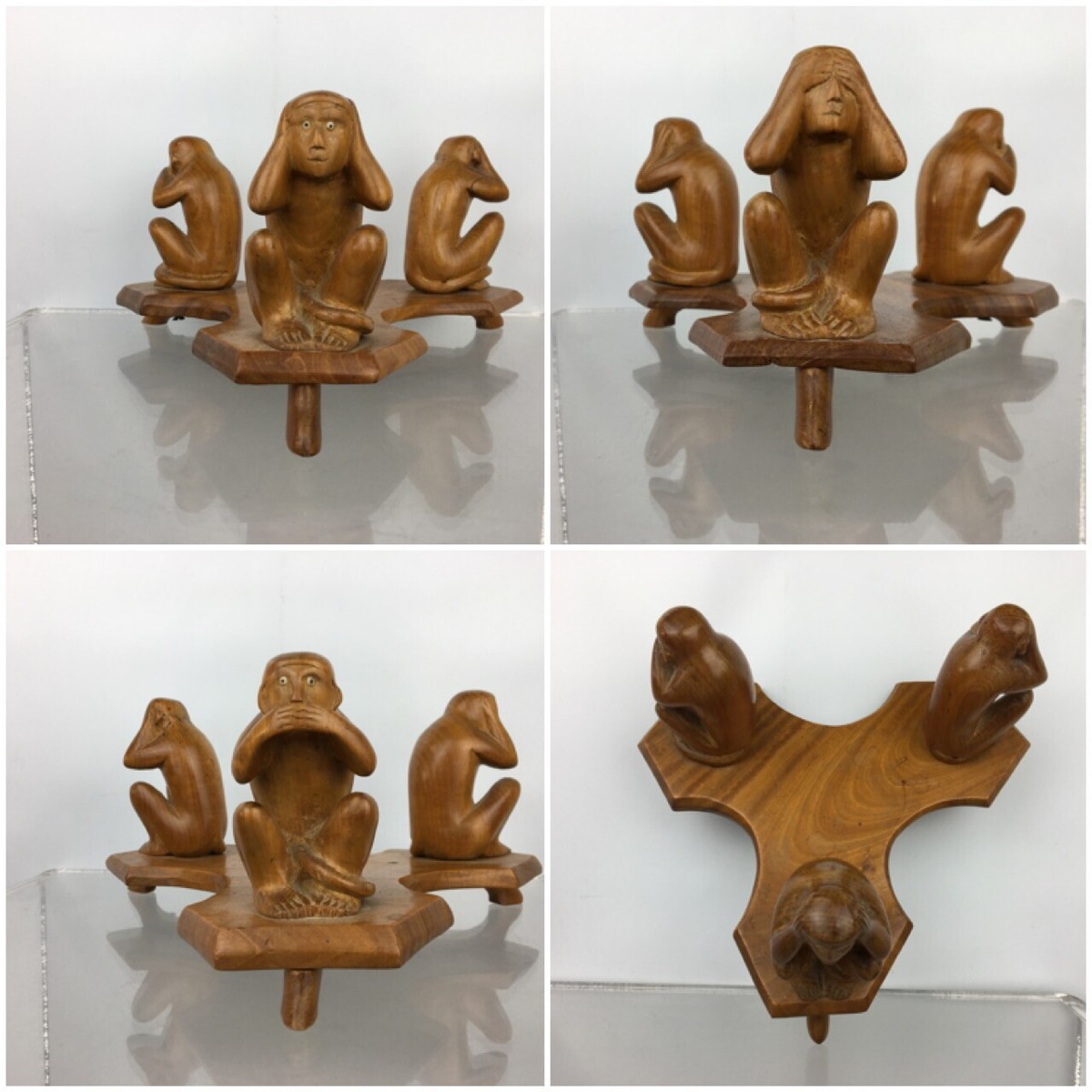 Vintage Three Wise Monkeys Carved Wood Figurine With Three Wise