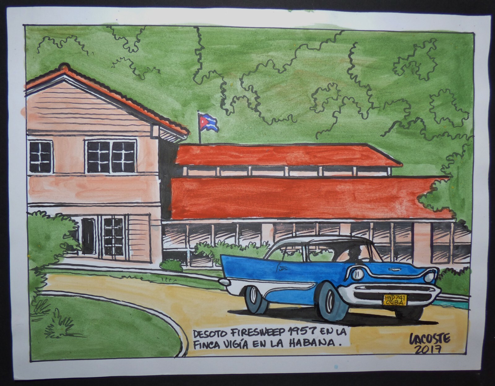 CUBAN Classic Car Drawing by Lacoste 1957 DESOTO FIRESWEEP Hemingway ...