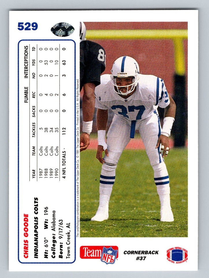 1991 Upper Deck #529 Chris Goode Indianapolis Colts | eBay