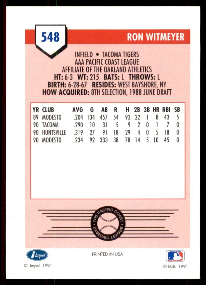 1991 Line Drive AAA Ron Witmeyer Tacoma Tigers #548 | eBay