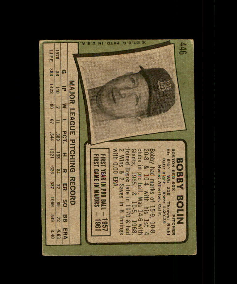 1971 TOPPS BASEBALL CARD BOSTON RED SOX #446 BOBBY BOLIN | eBay