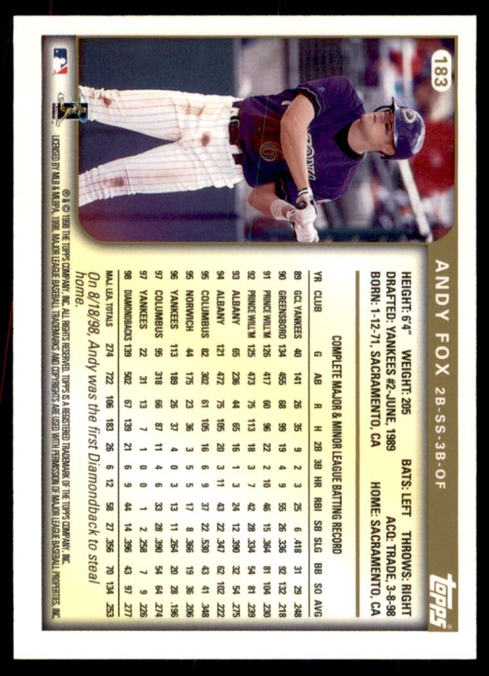 1999 TOPPS ANDY FOX ARIZONA DIAMONDBACKS #183 | eBay