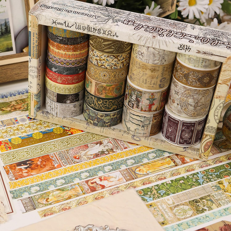 Vintage Washi Tape Set - 24 Rolls Arts Adhesive Tapes Assorted Retro ...