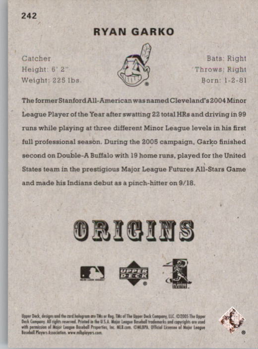 2005 Origins Gold Cleveland Indians Baseball Card #242 Ryan Garko YS ...