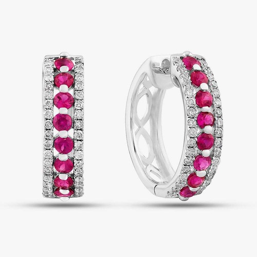 9ct White Gold Ruby and Diamond Three Row Hoop Earrings PE04865 RU ...