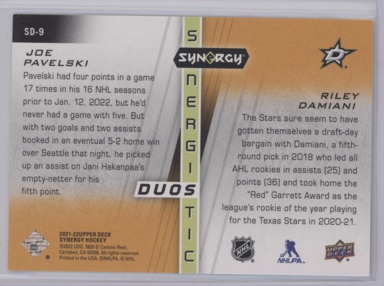 JOE PAVELSKI/RILEY DAMIANI 2021-22 UD Synergy SYNERGISTIC DUOS RC 33/ ...