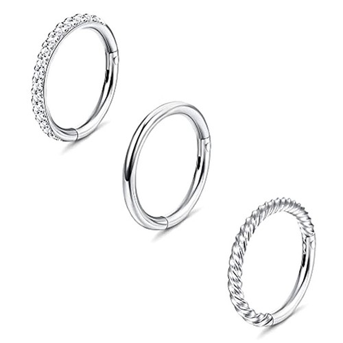 3Pcs 16G Hinged Clicker Segment CZ Twisted Nose Rings Helix Cartilage ...