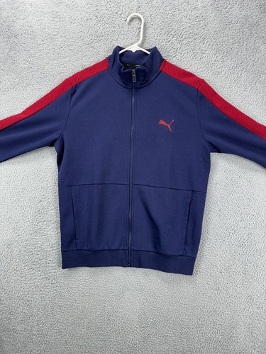 Puma Sweater Mens Medium Blue Red Logo Full Zip Sweatshirt Long Sleeve ...