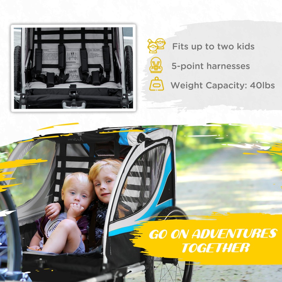 3in1 Bike Trailer for Kids Running Stroller 2 Seats Jogging Cart 5 ...