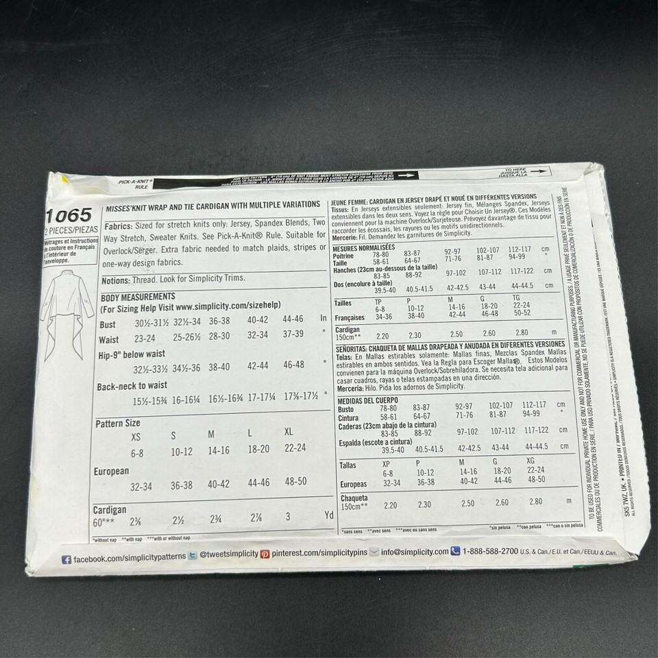 Simplicity 1065 Misses Knit Wrap and Tie Cardigan with Variations Uncut ...