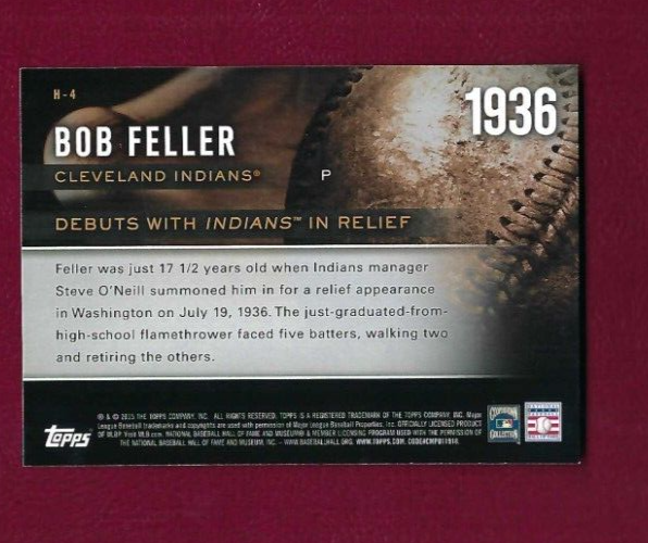2015 Topps Highlight 1936 H-4 Bob Feller Cleveland Indians Baseball ...