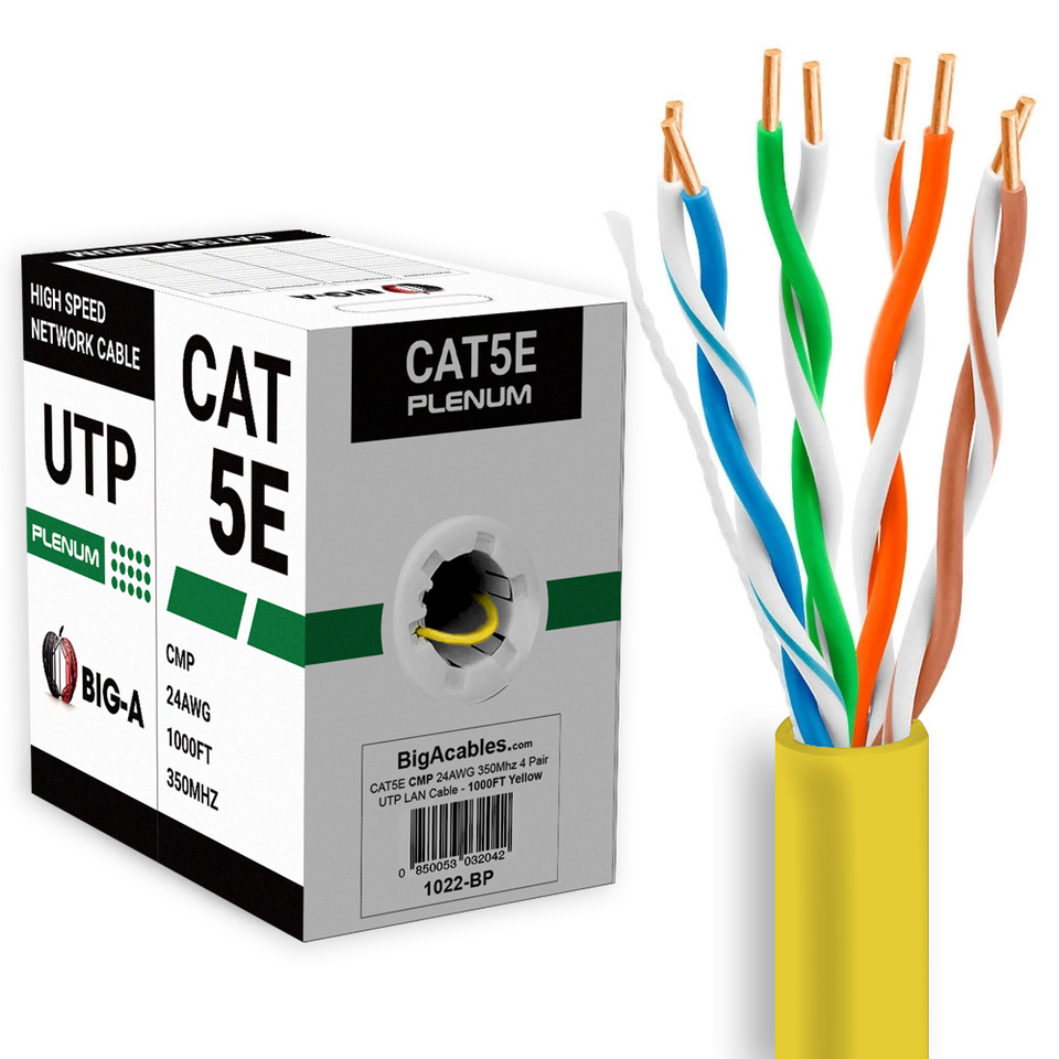 Plenum Cat5e Cable 1000ft Bulk CMP 24AWG Solid 4 Pair Cat 5e Ethernet Cord UTP | eBay