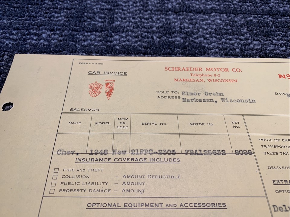 Vtg 1948 Chevrolet New Auto Dealer Sales Receipt Car Dealership Invoice ...