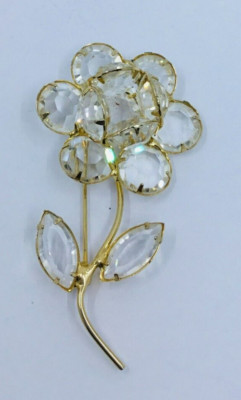 Vintage Mid Century Gold Tone Clear Crystal Rhinestone Bezel Flower ...