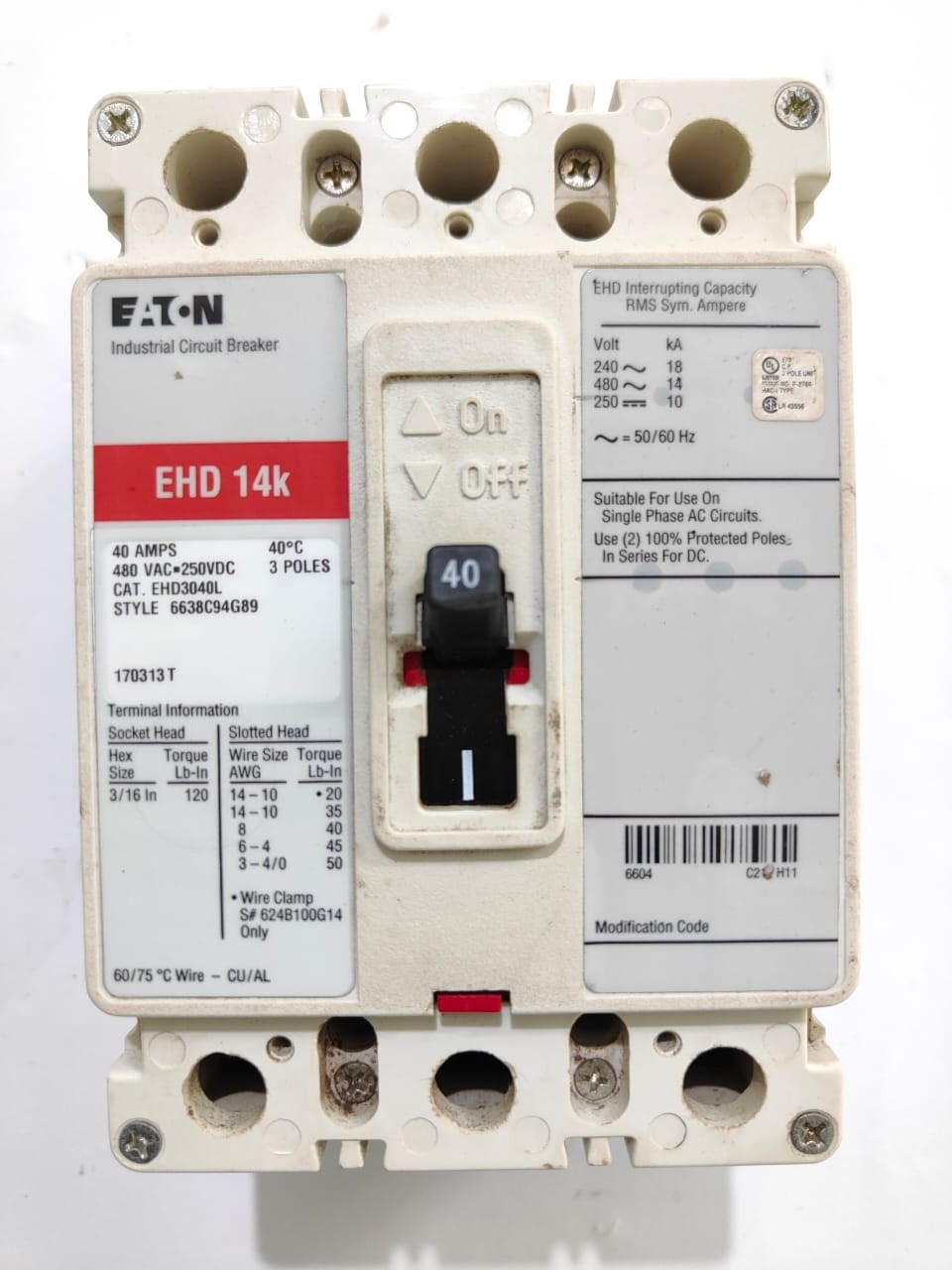 Eaton EHD3040L 40 Amp 480V 3 Pole EHD 14k Circuit Breaker | eBay