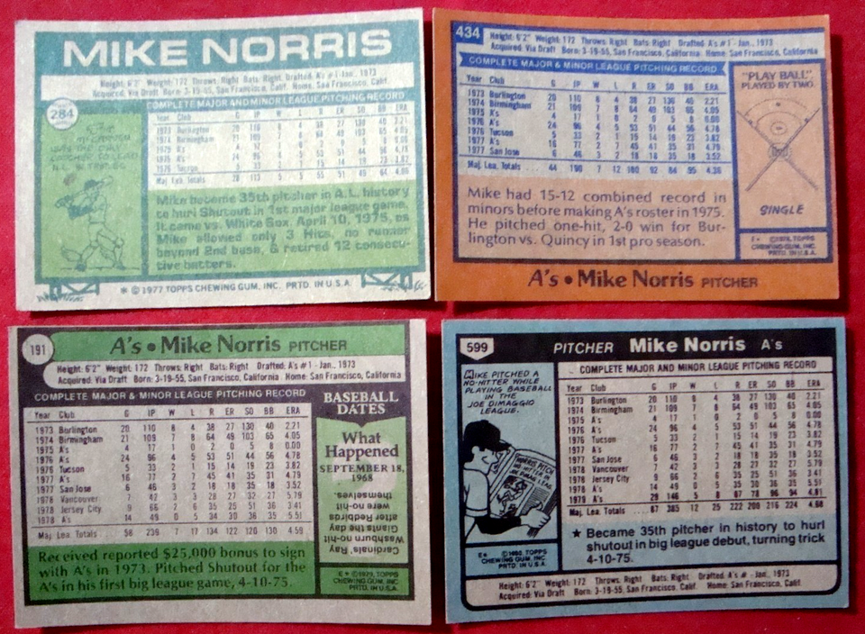 MIKE NORRIS SIGNED 3X5 INDEX CARD AUTOGRAPH & 4 BASEBALL CARDS ...