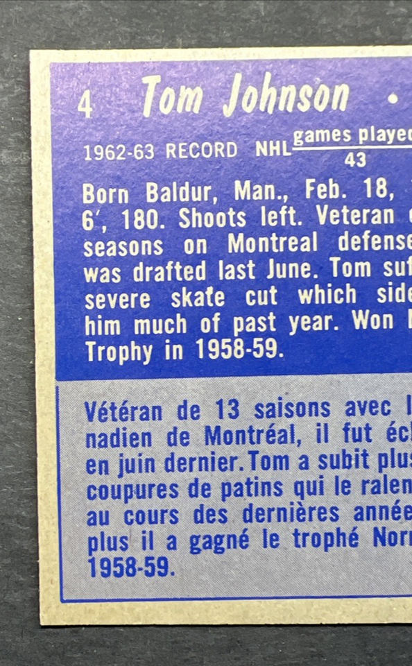 1963-64 Topps Hockey TOM JOHNSON #4 - BOSTON BRUINS HOF | eBay