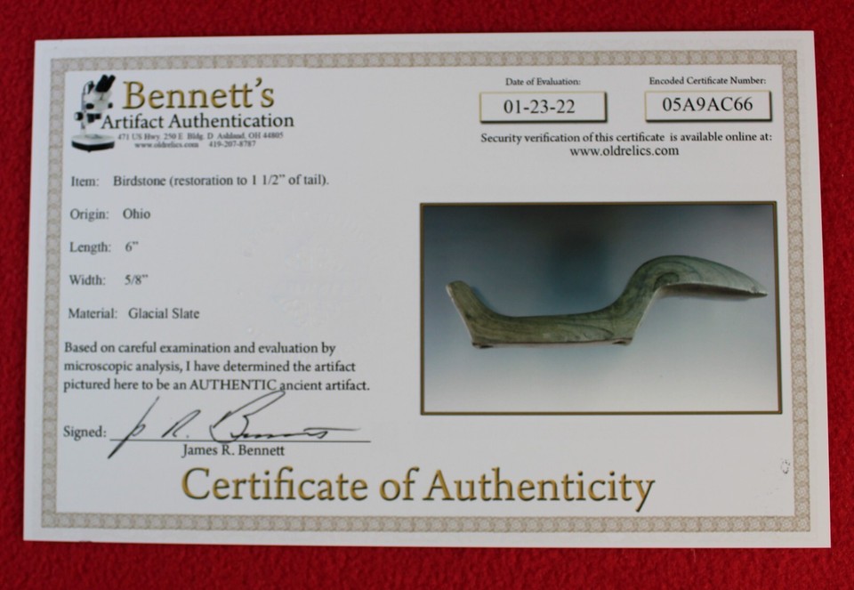 Birdstone Ohio Arrowhead Indian Artifact Bennett COA Pictured large at 6" | eBay
