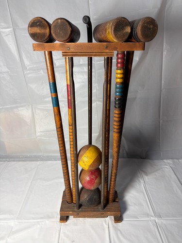 Vintage Wooden Croquet Set w/ Stand Mallets Balls As-Is Rustic Lawn ...