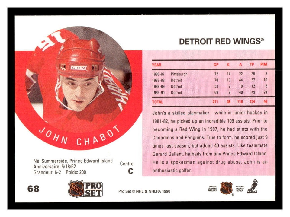 1990 Pro Set #68 John Chabot - Detroit Red Wings | eBay