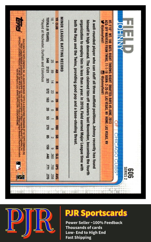 2019 Topps #606 Johnny Field Chicago Cubs Buy 4 - 35% OFF | eBay