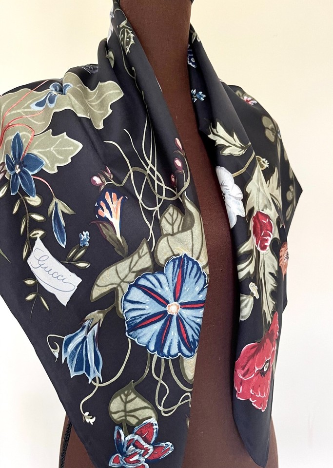New Gucci Scarf Logo Kris Knight Floral Print Black Multicolor Silk ...