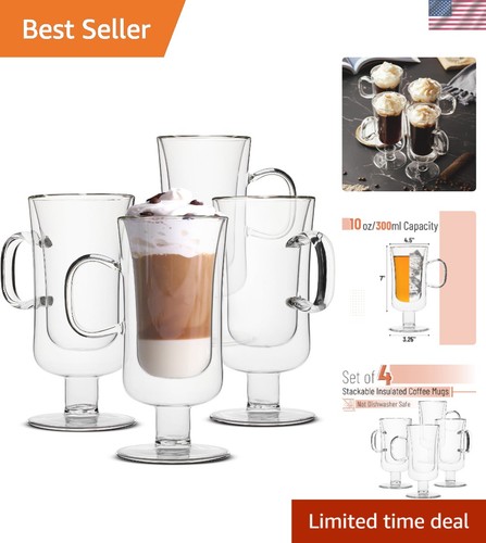 Pristine 10oz Double Wall Glass Irish Coffee Mugs - Set of 4 for ...