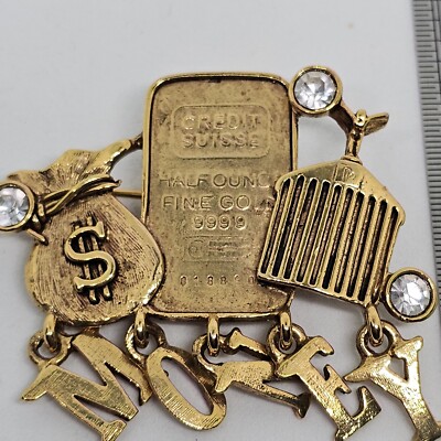 VINTAGE Money Dangle Brooch Pin Charms Luxury Gold Tone Rhinestone 2 ...
