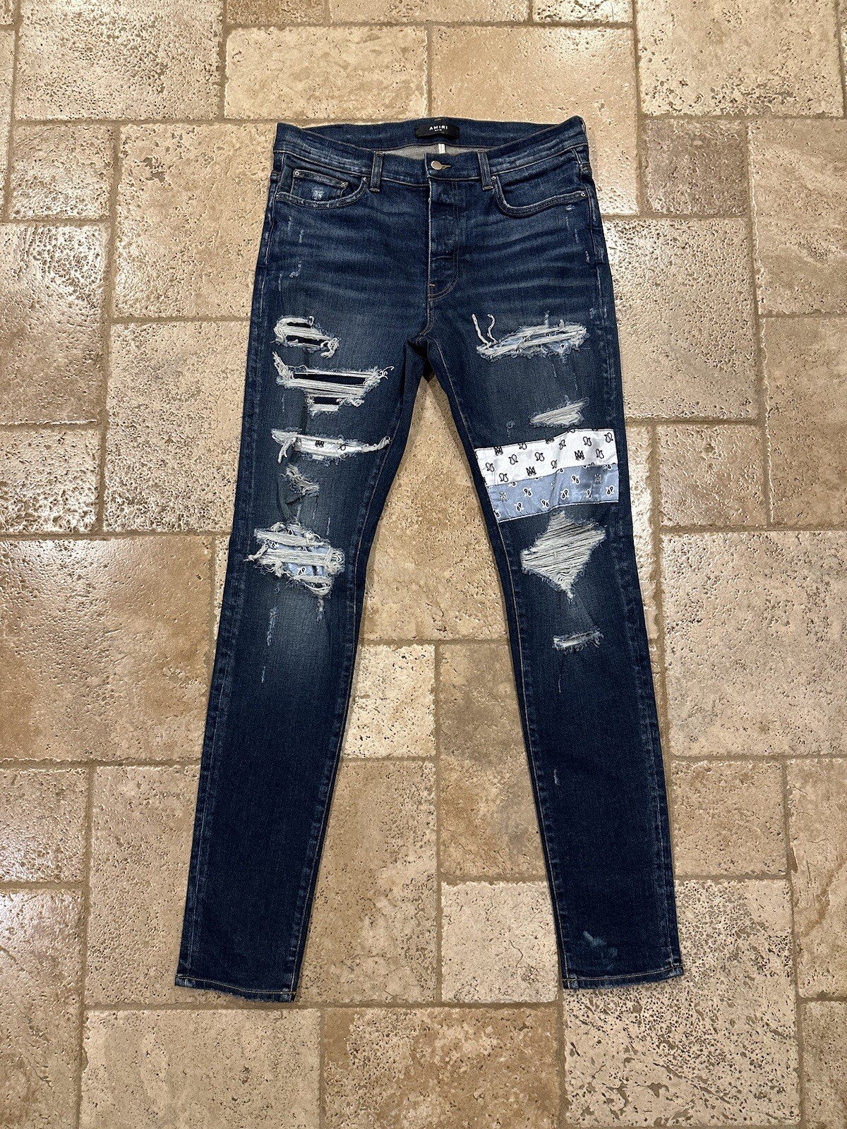 Amiri Paisley-Patch Silk AM Destroyed Stone Wash Blue Denim | eBay