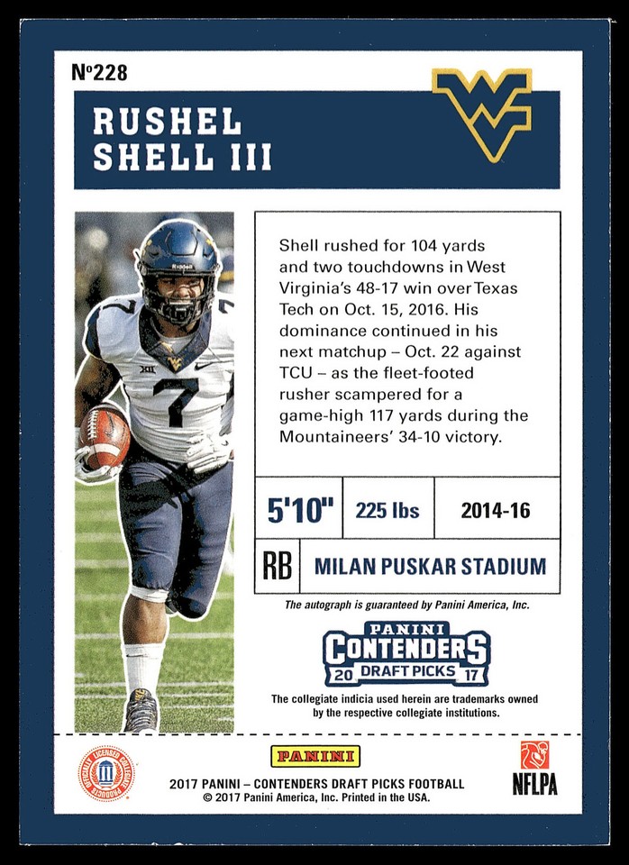 2017 Panini Contenders Draft Picks Rushel Shell III #228 Blue Foil AU ...