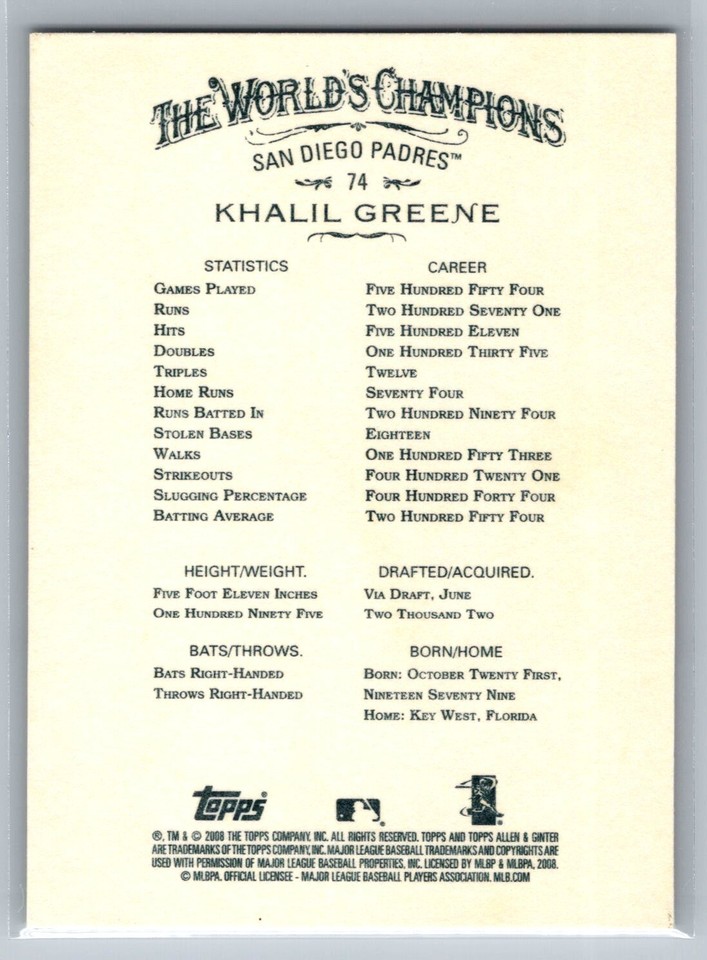 2008 Topps Allen & Ginter Baseball #74 Khalil Greene San Diego Padres ...