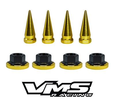 6 VMS RACING 14MM STRUT SPIKES + GOLD WASHERS & BLACK FLANGED NUTS FOR ...