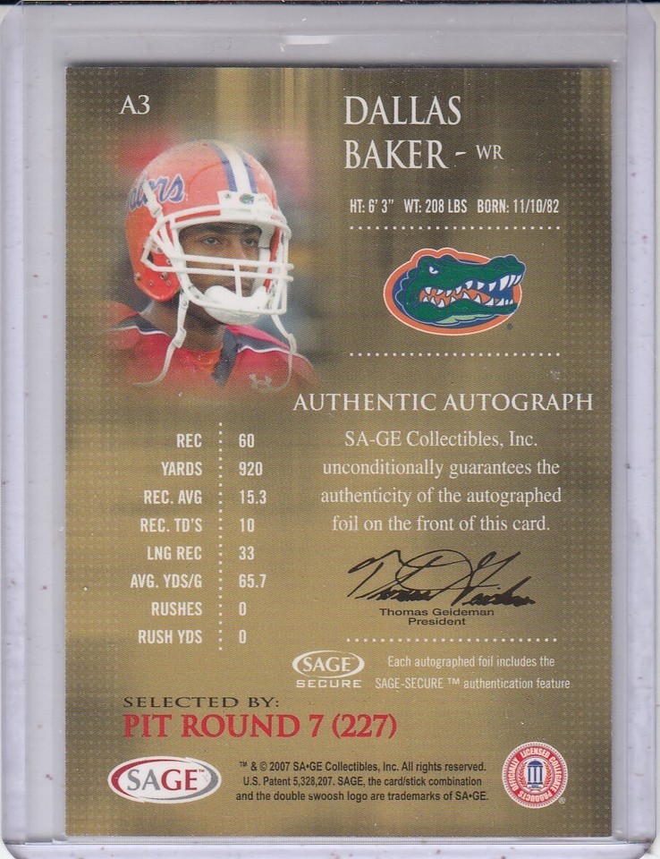 DALLAS BAKER 2007 Sage Autograph Red #A3 Gators | eBay