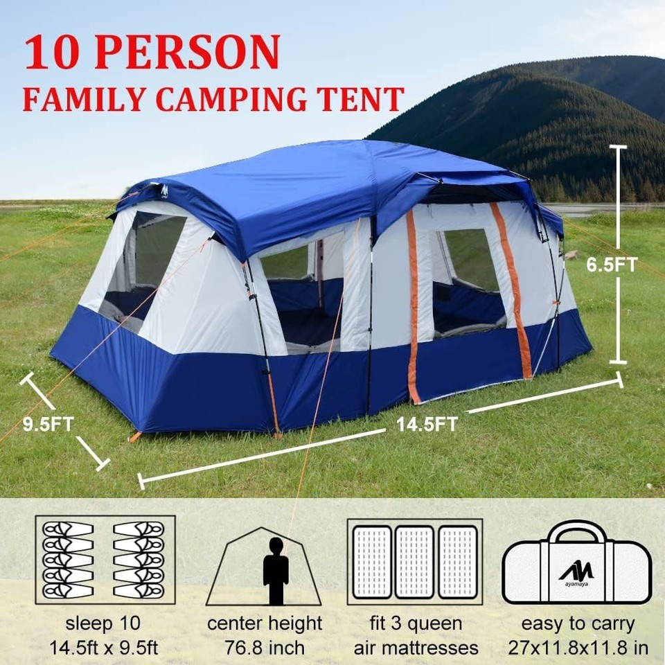 Portable Camping Tent for 8-10 People Waterproof Family Tent with Mesh ...
