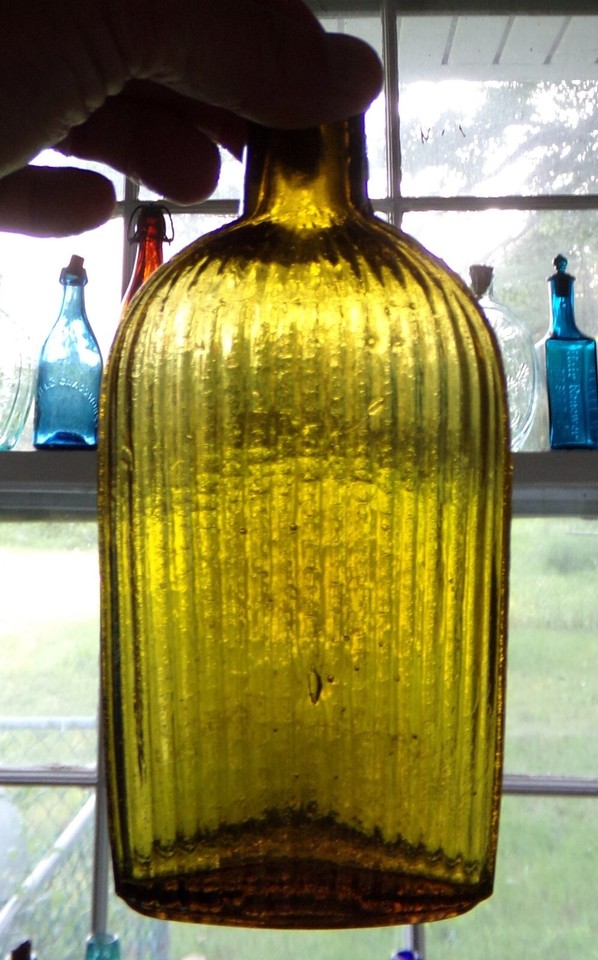 Yellow Blown in a Mold Ribbed Strap Sided 1/2 Pint Flask | eBay