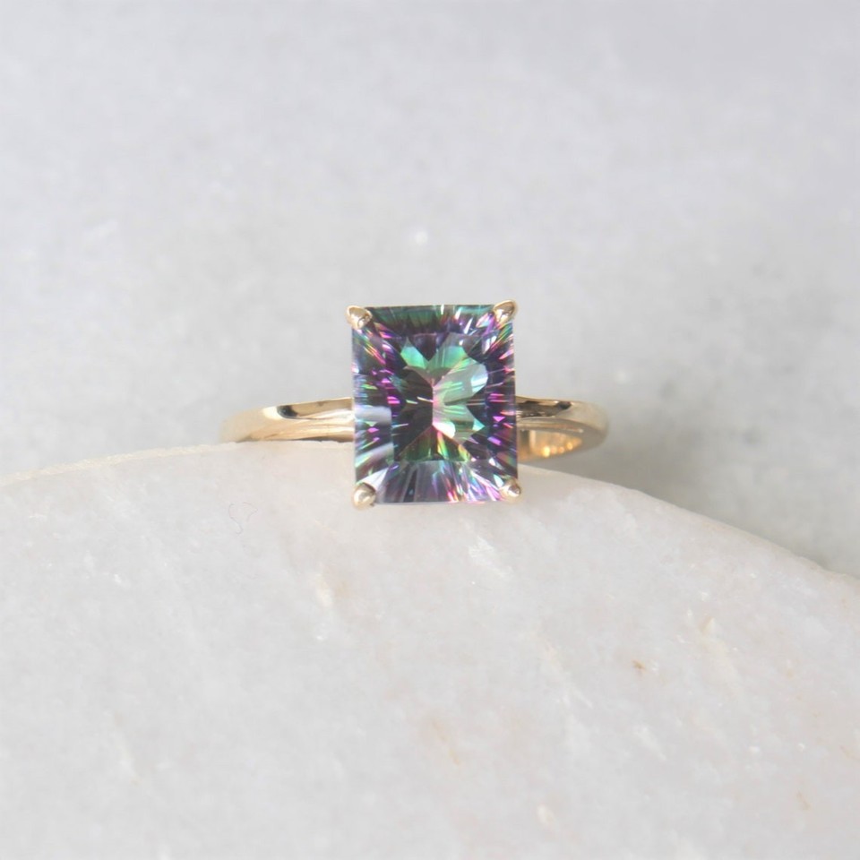 3.50 Cts Emerald Cut Rainbow Mystic Topaz Engagement Ring 14k Yellow ...