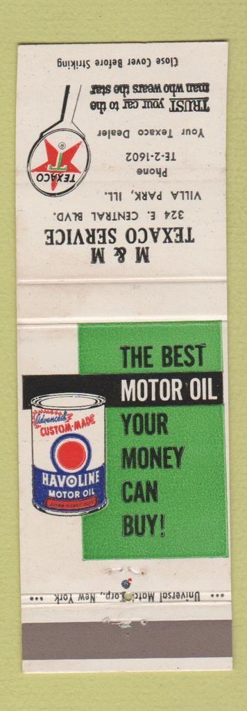 Matchbook Cover - M&M Texaco oil gas Villa Park IL Havoline | eBay